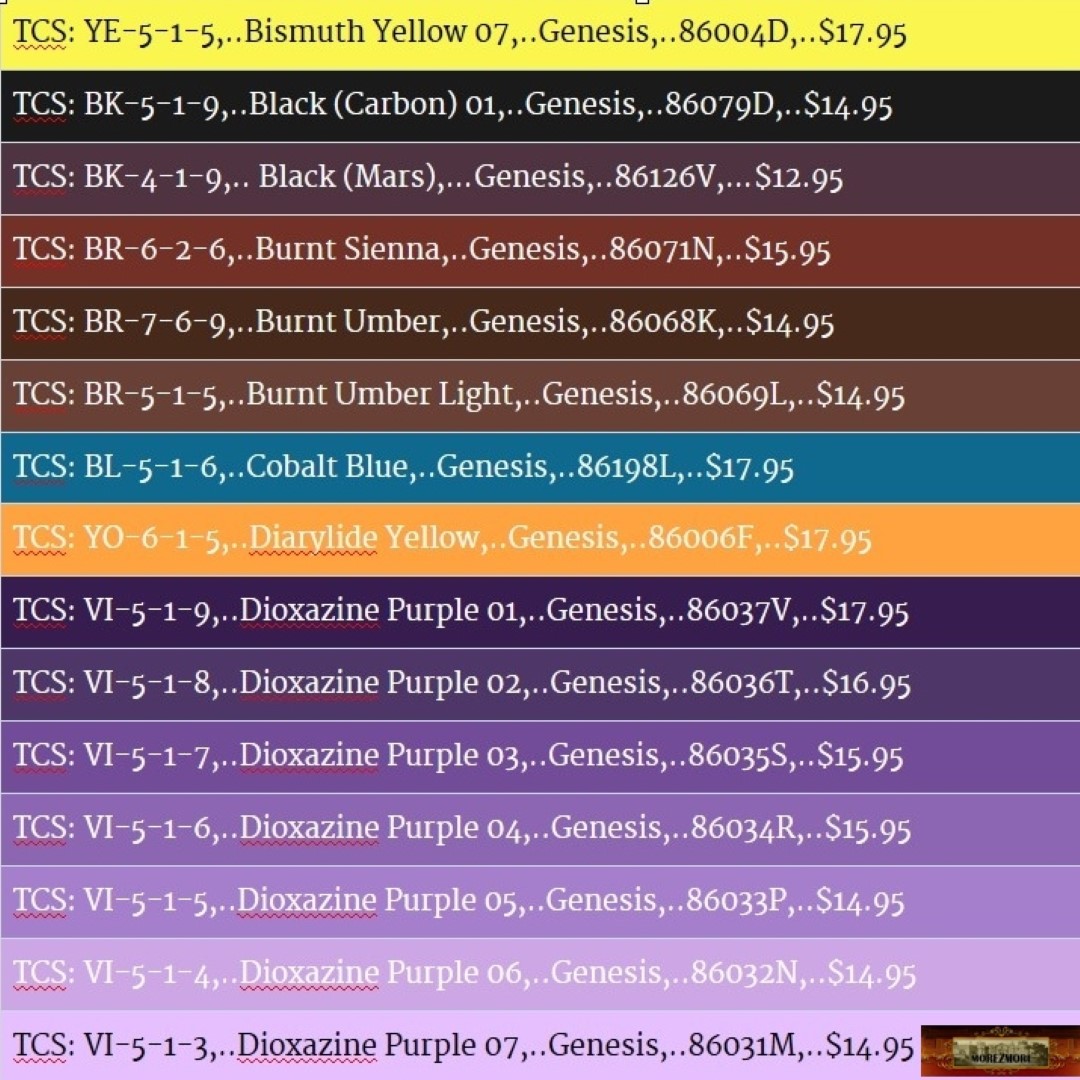 Genesis Heat-Set Paints Color Chart and Information | Morezmore Work-in ...