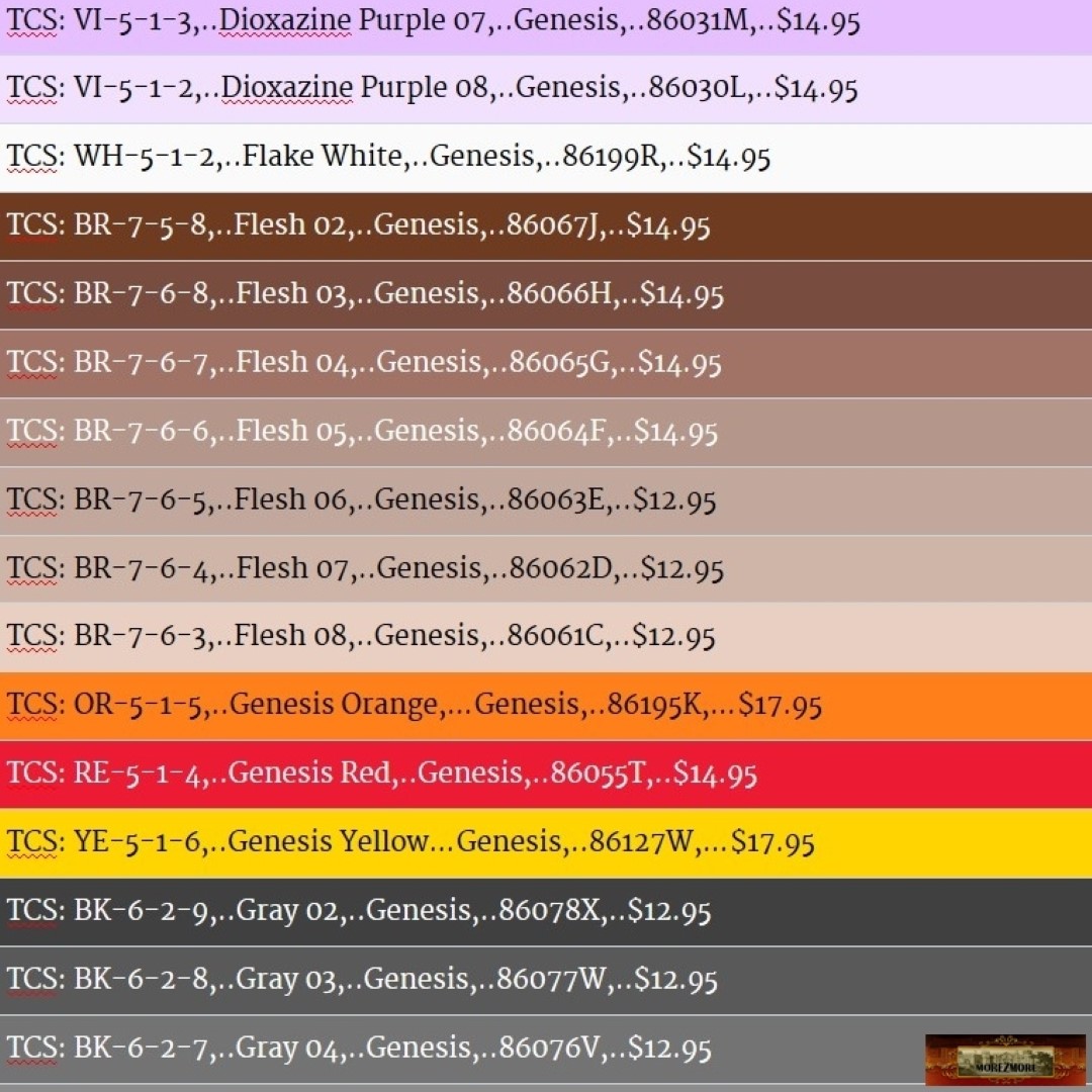 Genesis Heat-Set Paints Color Chart and Information | Morezmore Work-in ...