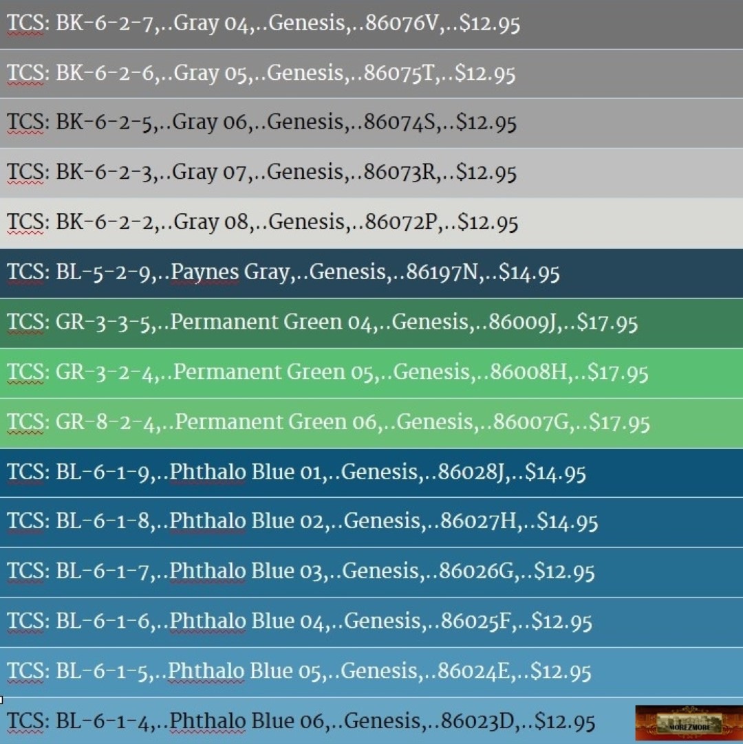 Genesis Heat-Set Paints Color Chart and Information | Morezmore Work-in ...