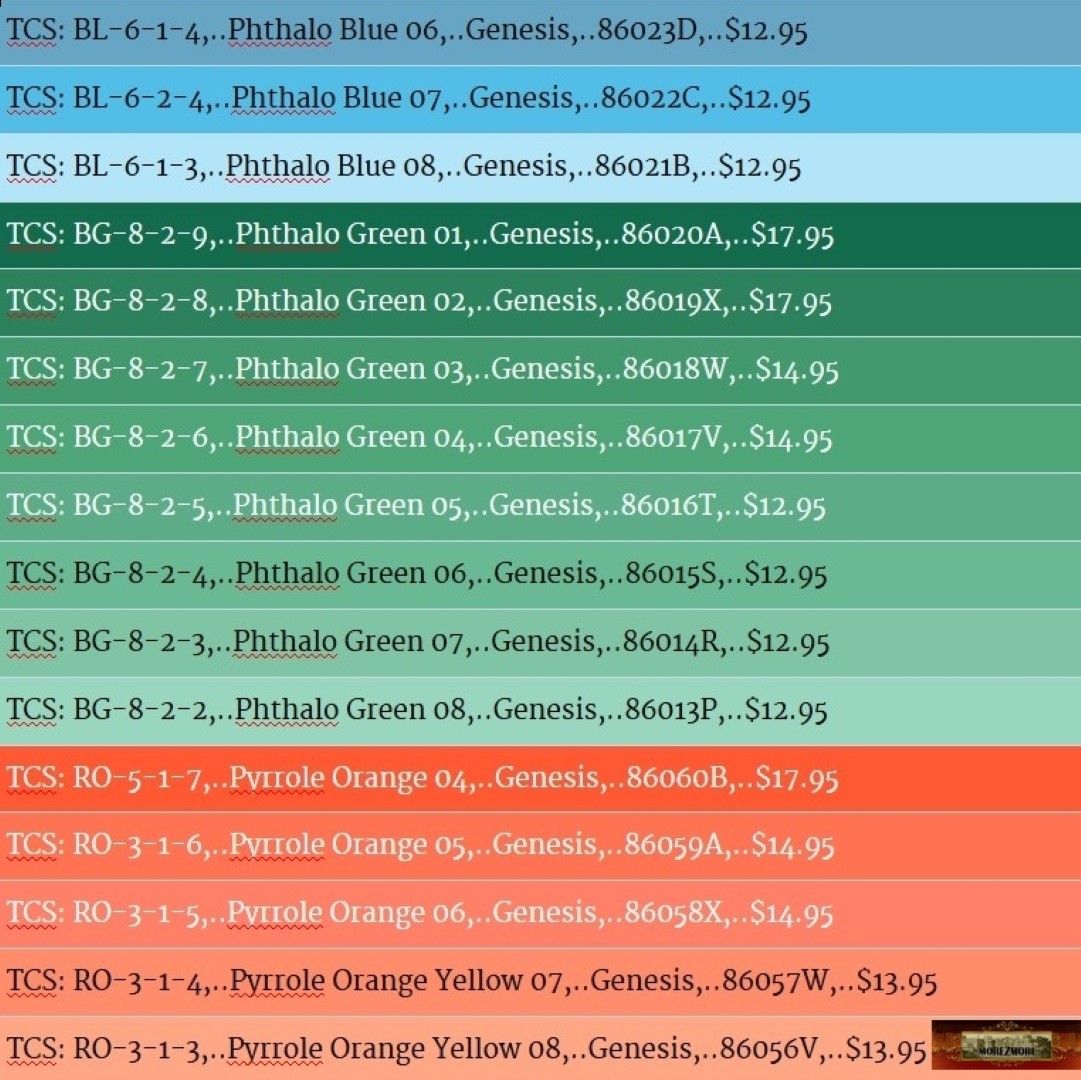 Genesis Heat-Set Paints Color Chart and Information | Morezmore Work-in ...